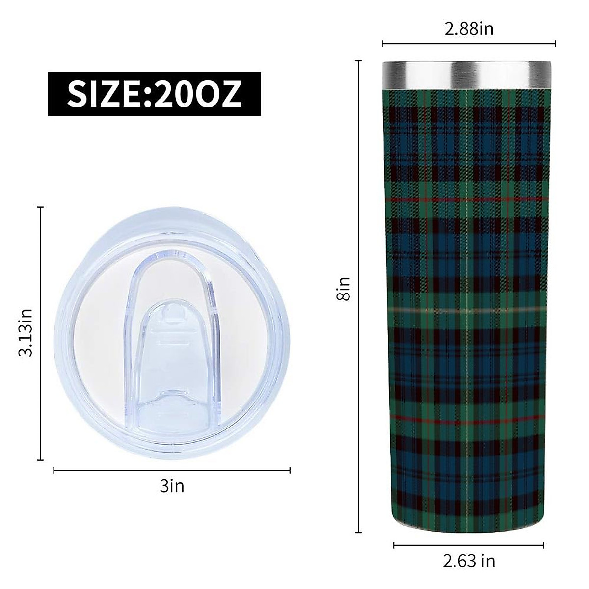 silichee 20 Oz Insulated Tumblers Stainless Steel Cup with Lid Tartan Pattern Background Blue Black Green Red Gold Plaid Flannel Shirt Tumblers Vacuum Coffee Mugs for Cold Hot Drinks for Home