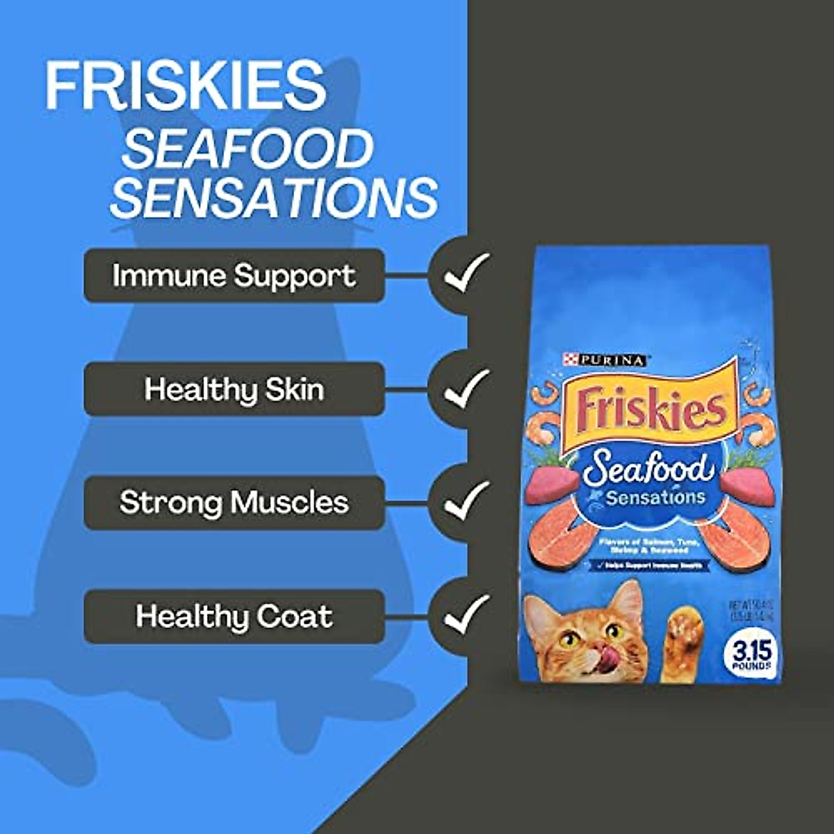 Friskies Dry Cat Food Seafood Sensations Bundle | Includes 2 Bags of Friskies Dry Cat Food Salmon, Tuna, and Shrimp Flavors (3.15 LB) | Plus Paw Food Scoop!
