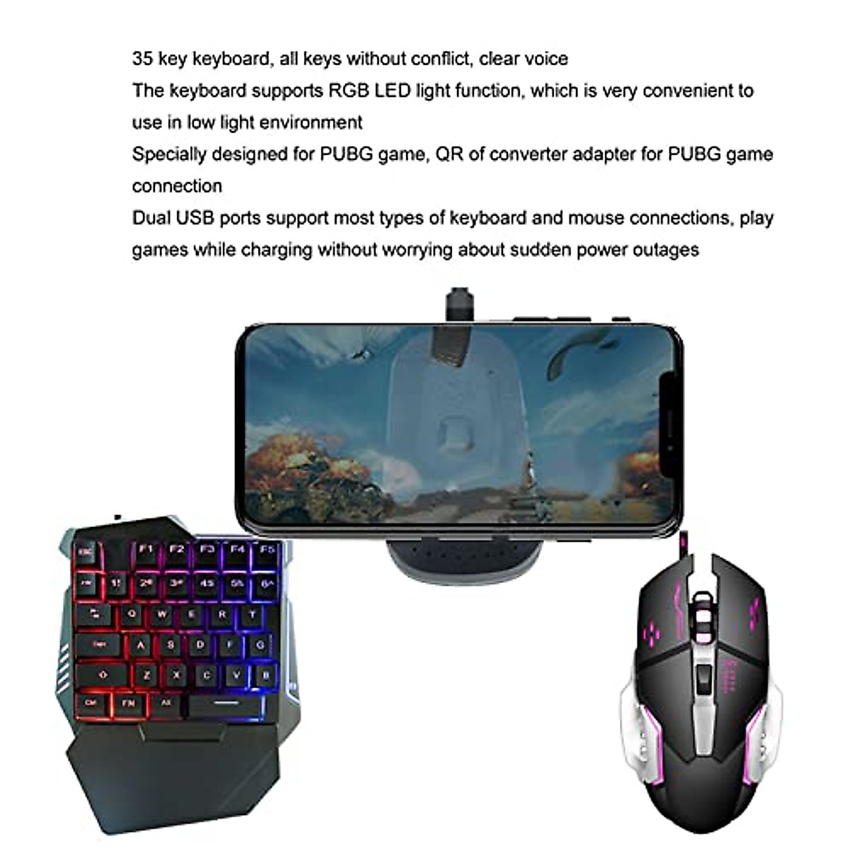 Gaming Keyboard Mouse Converter, One Hand Keyboard Mouse for Mobile Phone with 35 Keys