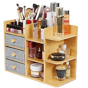 Makeup Organizer Countertop, Cosmetic Skincare Organizers With 3 Makeup Brush Holders/3 Drawers/7 Storage Shelves, Elegant Bamboo Make Up Storage Organizers Holder For Counter Vanity Dresser Bathroom