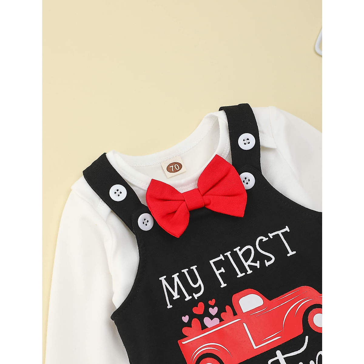 bilison My First Valentine's Day Outfit Newborn Baby Boys Clothes Bow Tie Bodysuit Print Overalls 2Pcs Romper Set 0-12 Months