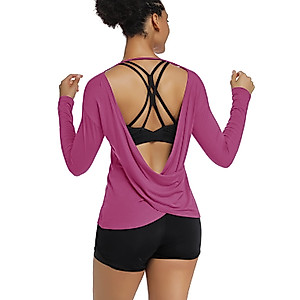 Muzniuer Women's Long Sleeve Yoga Shirts Workout Shirts Backless Cross Back Open Shirts Yoga Top Soft Fitness Shirts for Women Long Sleeve Running Shirts Rose Red M