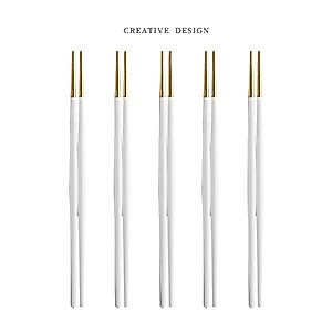 Chanjiso Creative Metal Chopsticks,5 Pairs 304 Stainless Steel Japanese Pointed Sushi Tableware Non Slip Chopsticks Gift… (Five white gold heads)