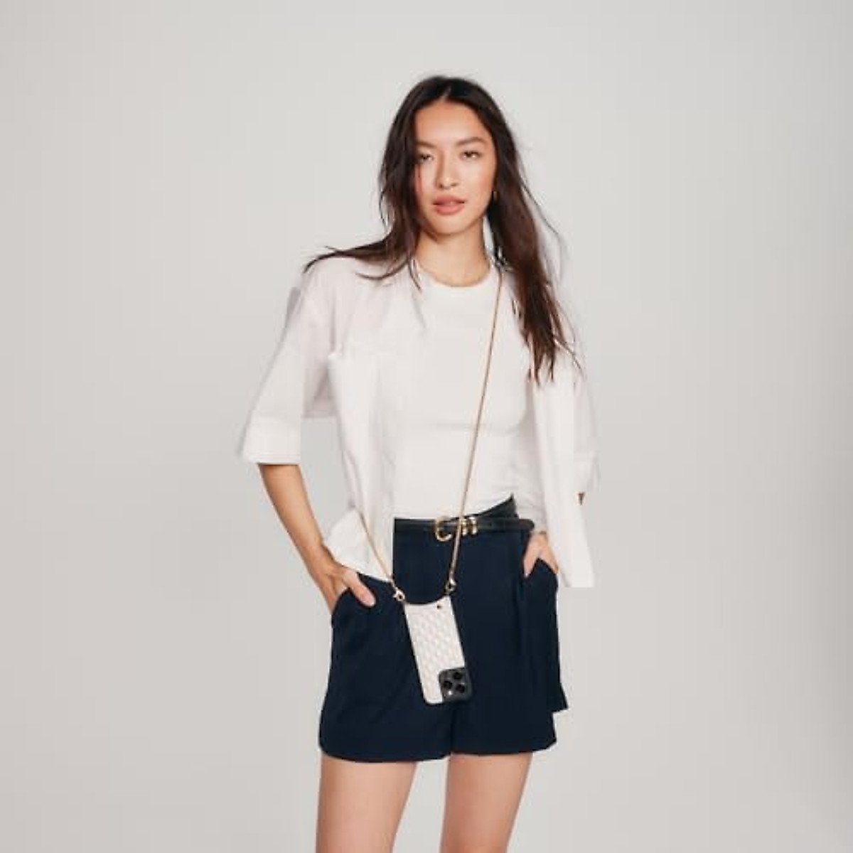 Bandolier Sheila Crossbody Phone Case and Wallet for iPhone 13 Pro - Pyramid Studded Creme Vegan Leather with Gold Detail