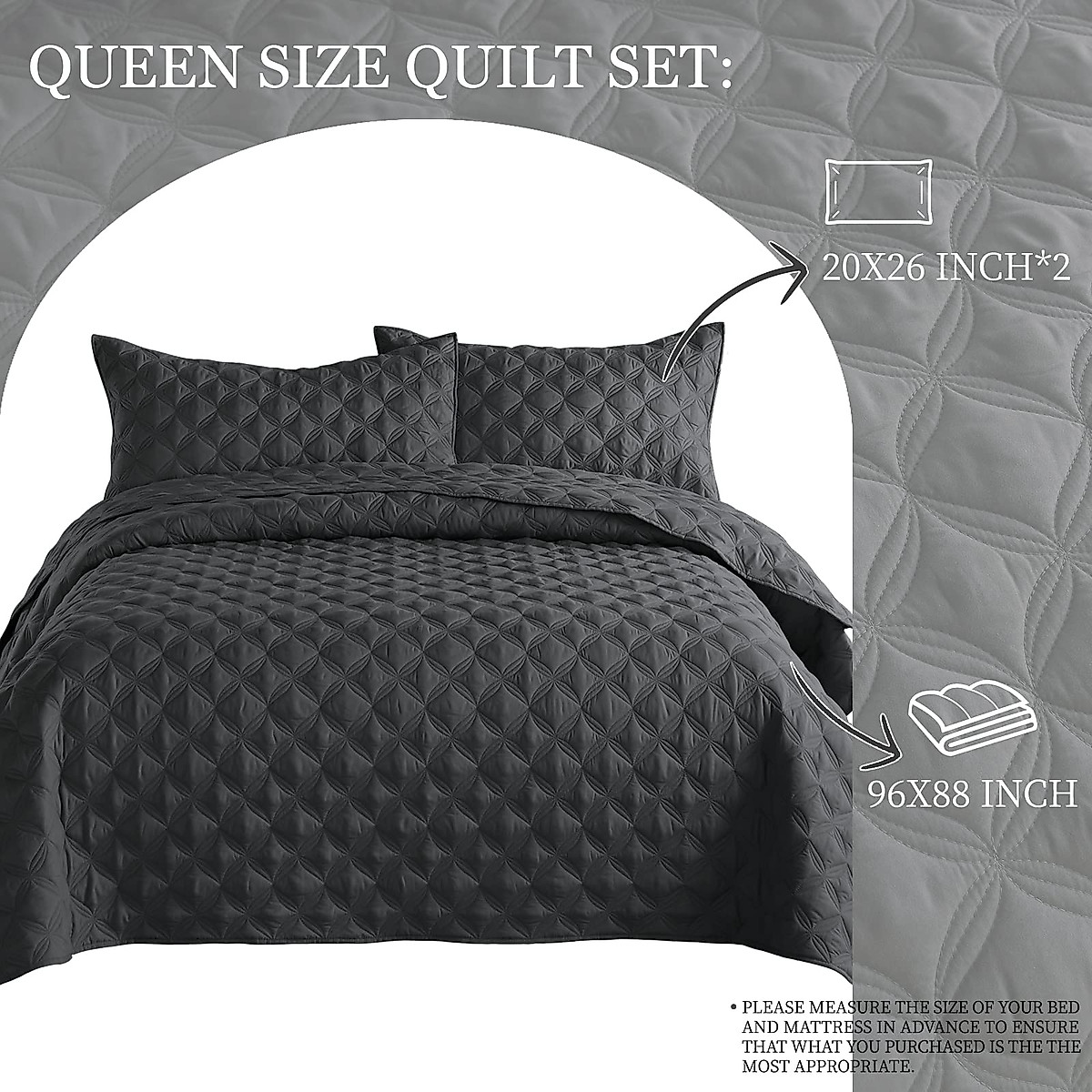 Exclusivo Mezcla Dark Grey Quilt Set Queen Size (90"x96"), Lightweight Summer Quilt Full Queen for All seasons, Soft Modern Geometric Bedspread Coverlet, 3 Piece (1 Quilt, 2 Pillow Shams)