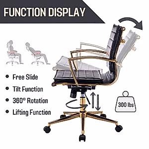 CIMOO Black Leather Office Chair Small Desk Chair Gold Executive Office Chair with Wheels Swivel Arm Chair Retro Task Chairs