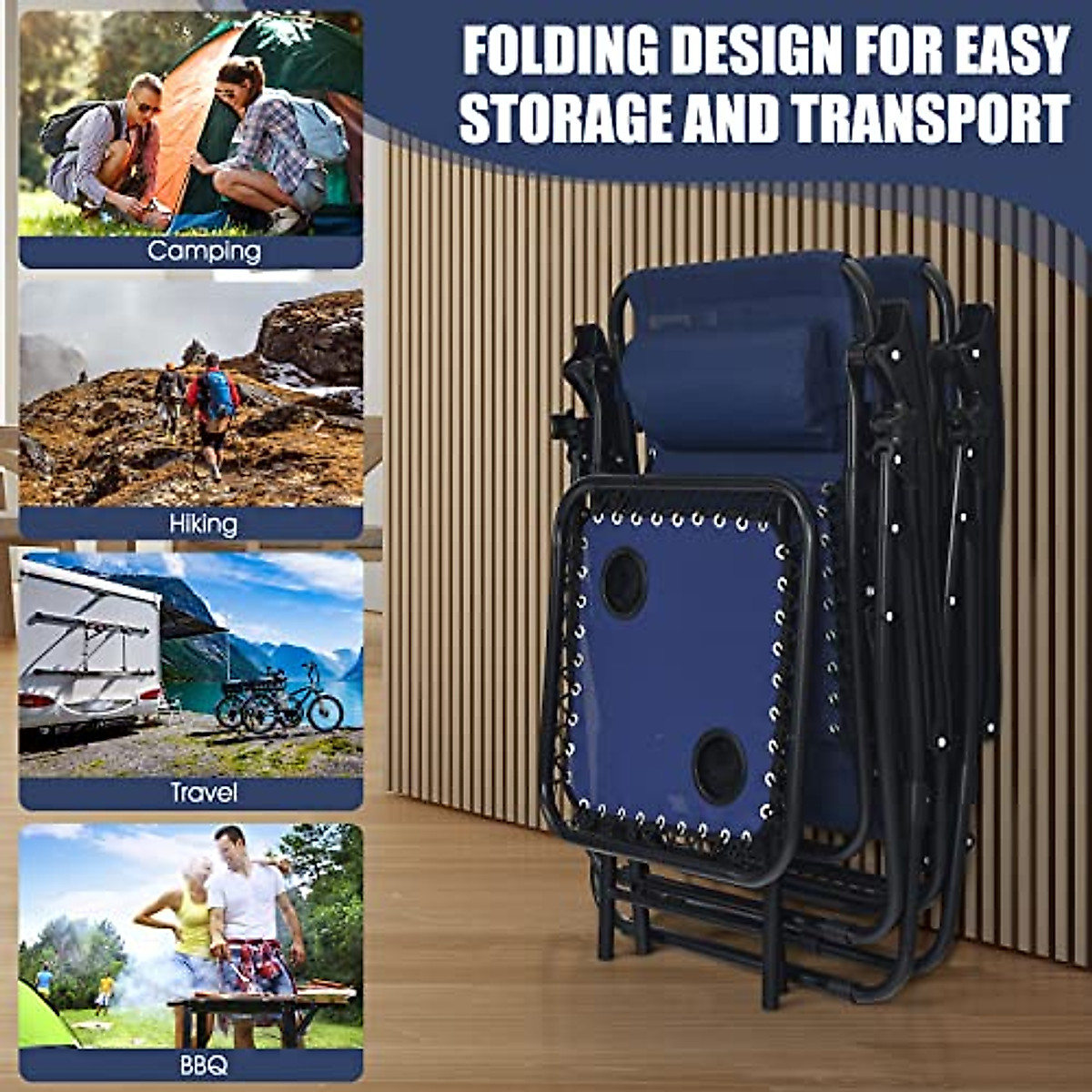 Goplus Zero Gravity Chair Set, 3 Pieces Outdoor Lounge Chair Recliners w/Side Table, Headrest and Cup Holders, Adjustable Folding Recliners and Table for Patio, Yard, Pool, Beach (Navy)