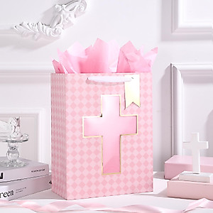 Loveinside Gift Bag with Pink Diamond and Cross Design, Tissue Paper for Baby Girl Baptisms, Christenings, First Communions Religious Occasion - 10" x 5" x 13", 1 Pcs