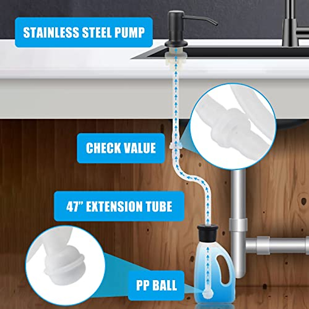 XINHUAYJ® Dish Soap Dispenser for Kitchen Sink, Built in Countertop Soap Dispenser Stainless Steel Soap Pump with 47 Inches No-Spill Extension Tube Kit (Silver)
