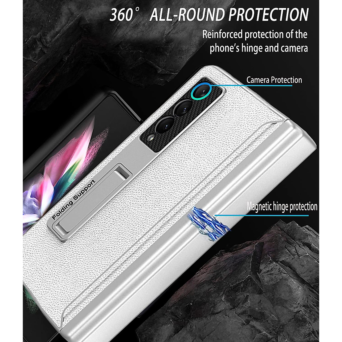 COCOING for Samsung Galaxy Z Fold 3 Case with Pen Holder,Hinged Cover Built-in with Pen Slot,with Screen Protector&Adjustable Bracket,Leather Cover Case for Galaxy Z Fold 3 (Silver)