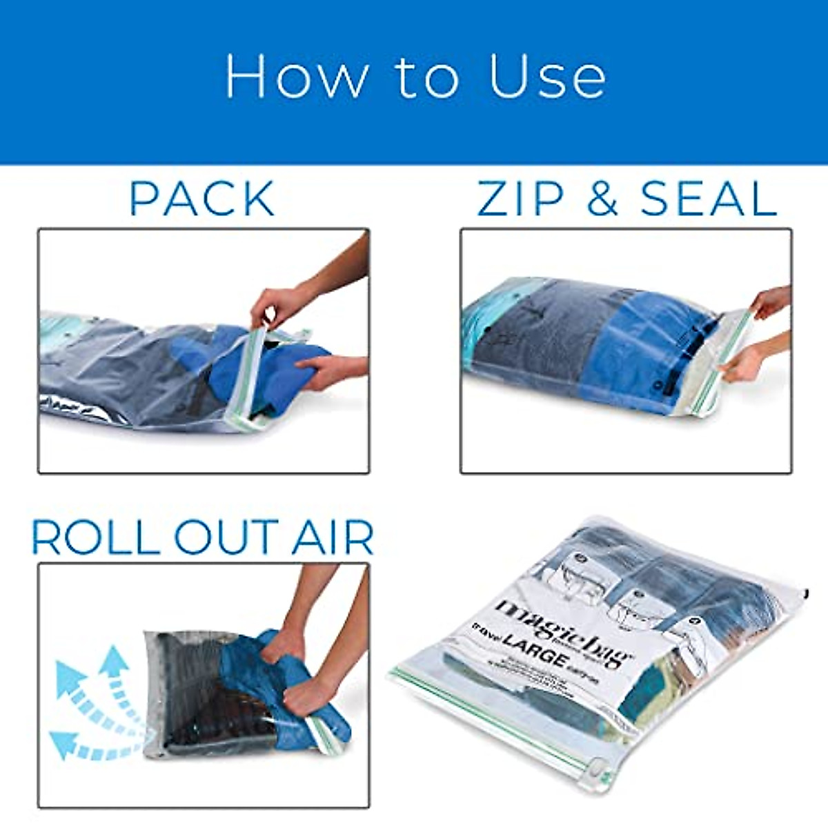 MagicBag 5-Pack Large Suitcase Travel Compression Bags Instant Space Saver Storage - Airtight Double Zipper - Suits, Dresses, Dress Shirts, Pants, Slacks, Pillows, Cruise Ship Essentials