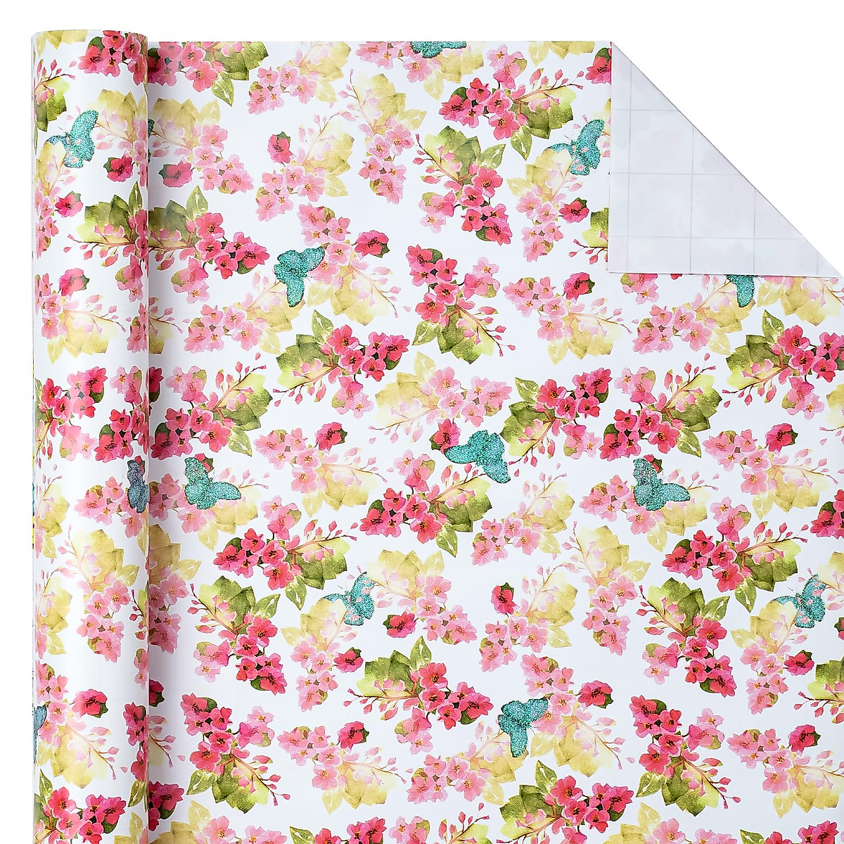 WRAPAHOLIC Lagre Floral Wrapping Paper Roll - Glitter Floral Butterfly Wrapping Paper for Wedding, Women Birthday, Mother's Day, Valentine's Day - 30 inch x 16.5 feet