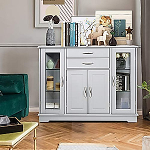 Hysache Buffet Sideboard, Kitchen Storage Cabinet w/2 Drawers & 3 Cabinets, Multifunctional Sideboard Console Table w/Adjustable Glass Shelves for Kitchen, Living Room, Dining Room (Grey)