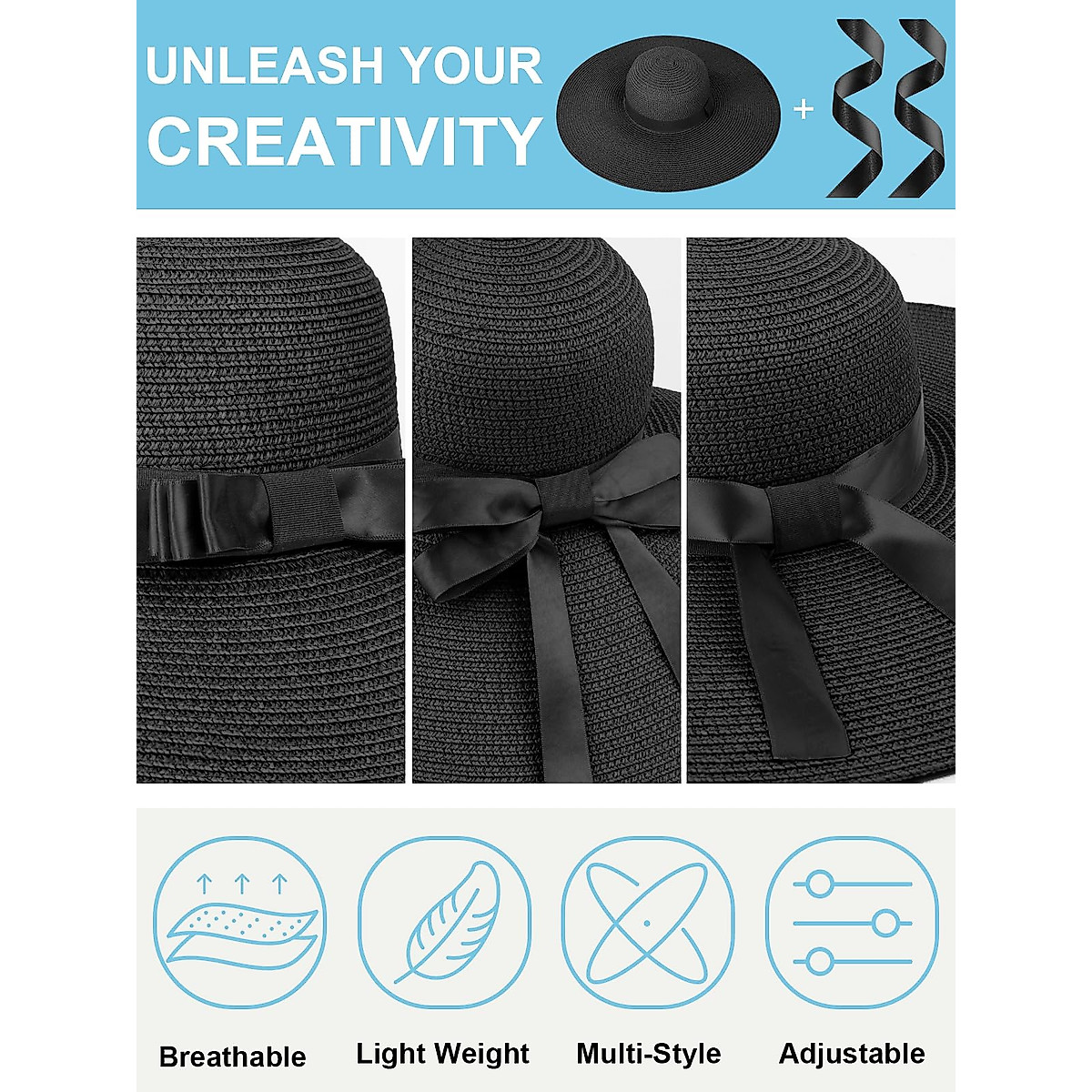 Beach Hats for Women, Wide Brim Sun Straw Hat Foldable Summer Floppy Hat UV Protection Cap Black