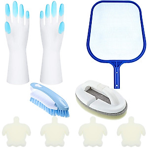 8 Pieces Hot Tub Accessories, Swimming Pool Cleaning Kit Spa Maintenance Supplies Contain Skimmer Net, Scrubbing Brush and Sponge Brush Turtle Oil Absorbing Sponge, with a Pair of Gloves