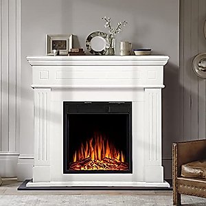 R.W.FLAME Electric Fireplace Pearl Mantel Wooden Surround Firebox, Pearl Freestanding Fireplace with Log & Remote Control,43" Fireplace TV Stand Home Space Heather, Adjustable Led Flame,750W/1500W