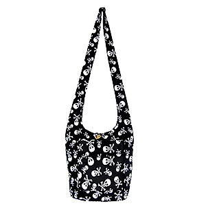 FULLY LINED Skull Hippie Hobo Sling Crossbody Bag - Large Front Phone Pocket - Metal Zippers