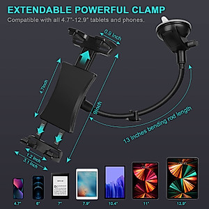 Car Dashboard Windshield Tablet Mount, 13" Long Arm Gooseneck, 360° Flexible Window Suction Cup Holder for Truck SUV, for iPad Pro 12.9/11/10.5/9.7/Air/Mini 6 5 4, Samsung Galaxy, 4.7"-12.9" Tab&Phone
