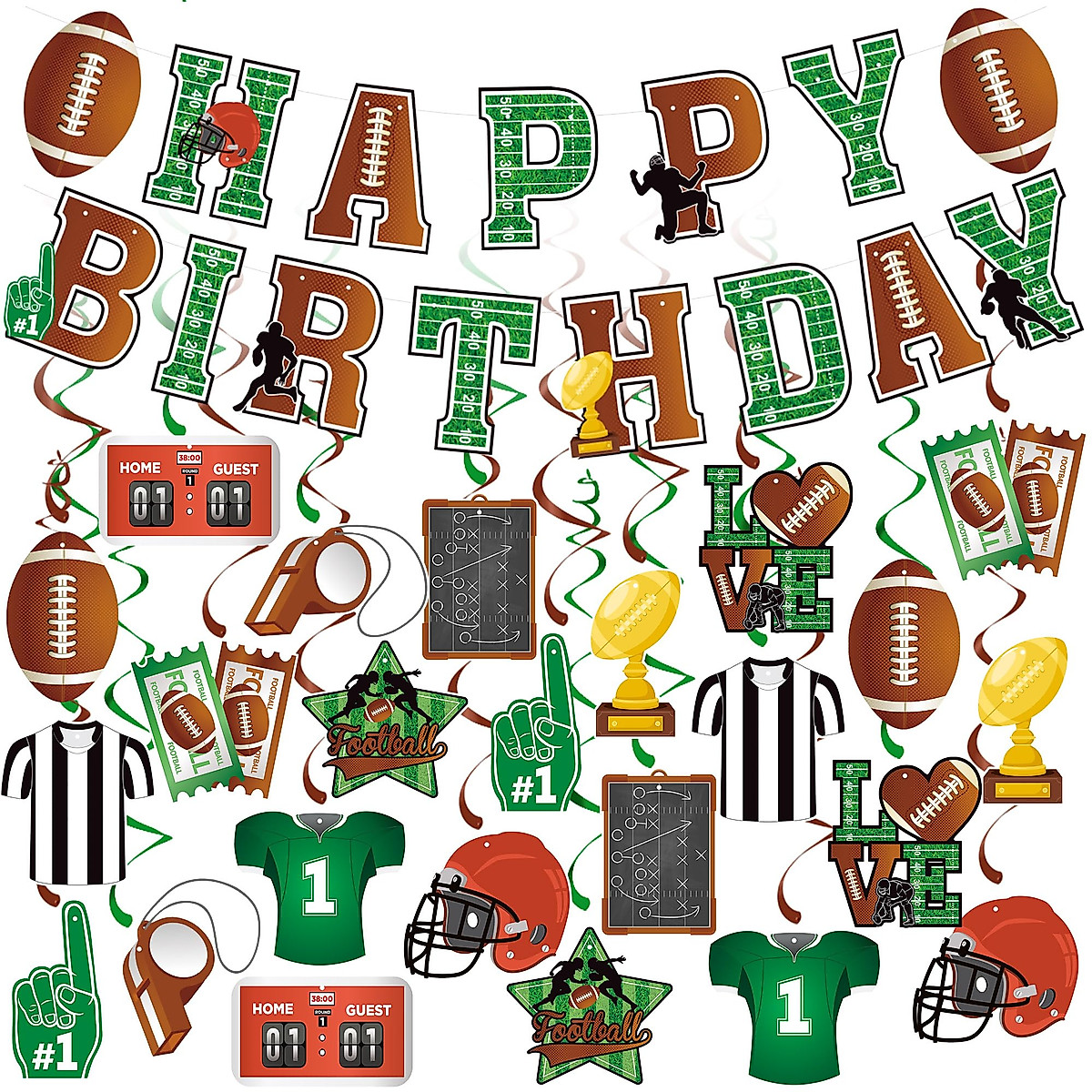 26 PCS Football Party Banners Football Birthday Decorations Sports Theme Hanging Swirls Happy Birthday Party Ceiling Streamers for Boys Kids Birthday Sports Party Supplies