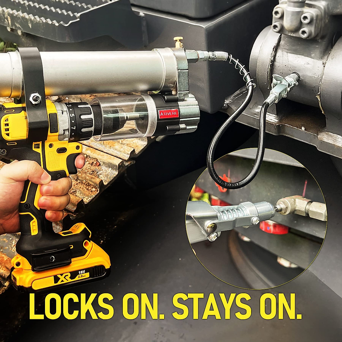 ATIVERE Electric Grease Gun Drill Adapter with 14 OZ Load, Locking Grease Gun Coupler, 12 Inch High Pressure Hose, Extension Rigid Pipe, Pneumatic Tool, Universal Conversion Gun Head