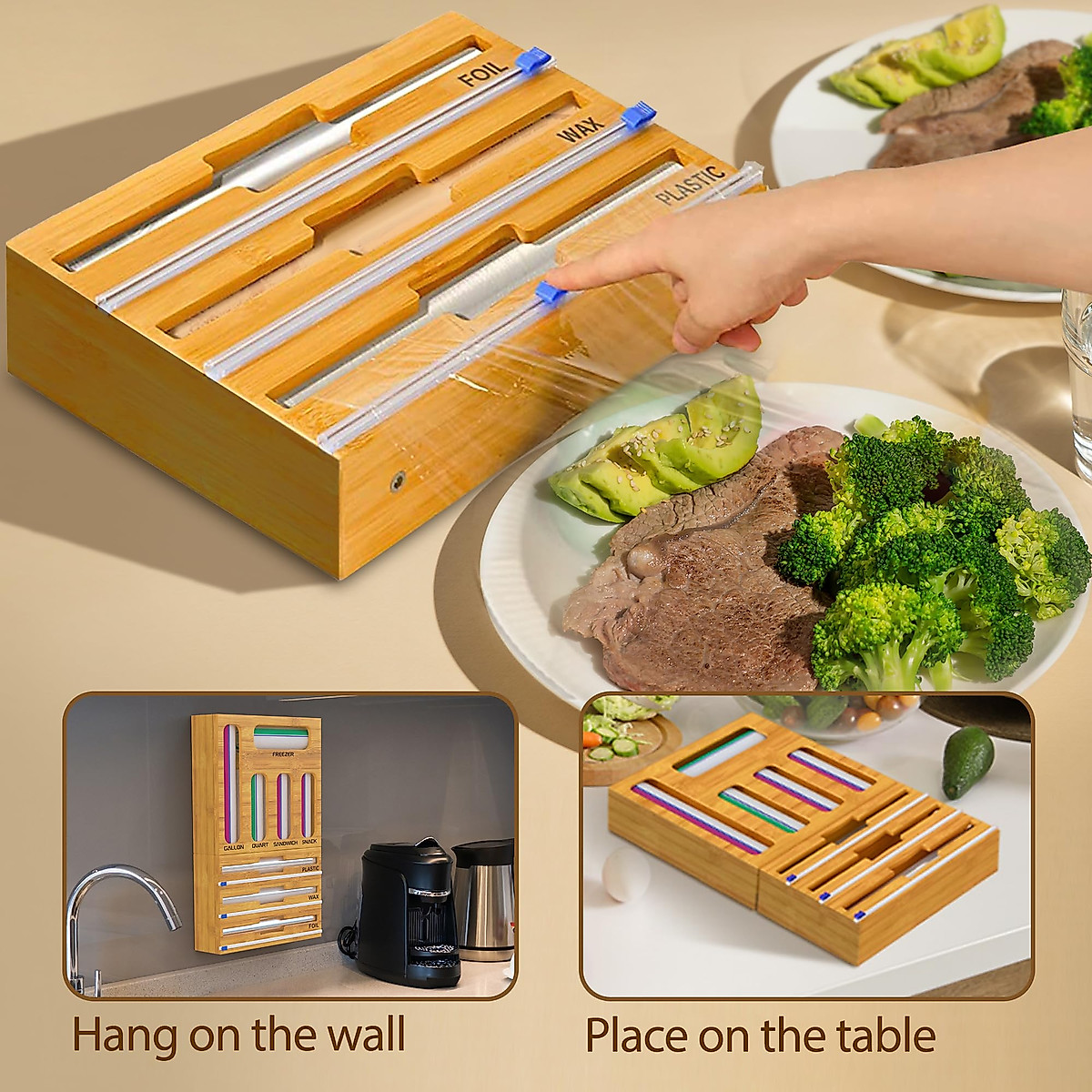 HomeOrganize Ziplock Bag Storage & Wrap Dispenser with Cutter,Clips Box & Labels for Kitchen Drawer & Wall,9 in 1 Bamboo Organizer for Gallon, Quart, Snack Bags & Plastic, Aluminum Foil, Wax 12" Roll.