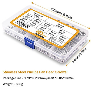 VIGRUE 810 Pcs M4 x 4/6/8/10/12/14/16/18/20 mm Screw Assortment Kit 304 Stainless Steel Machine Screws Phillips Pan Head Screws Bolts Nuts Lock Flat Washers with Storage Box