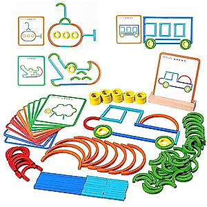 120pcs Wooden Pattern Blocks, Sticks & Rings Wooden Tangram Puzzle Stem Preschool Brain Teaser Montessori Toys Gift for 3 4 5 Years Old Toddler Kids Boy Girl