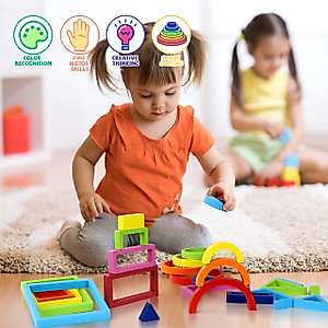 TOY Life Wooden Rainbow Stacking Toy, 27 Pcs Stacking Toy Wooden Rainbow Stacker Baby Toys 6 to 12 Months Montessori Rainbow Stacking Game Baby Toys 12-18 Months Nesting Blocks Puzzle Educational Toys