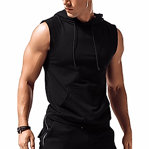 Amussiar Men's Workout Hooded Tank Top Athletic Muscle Sleeveless Hoodies Dry Fit Running Shirt Black