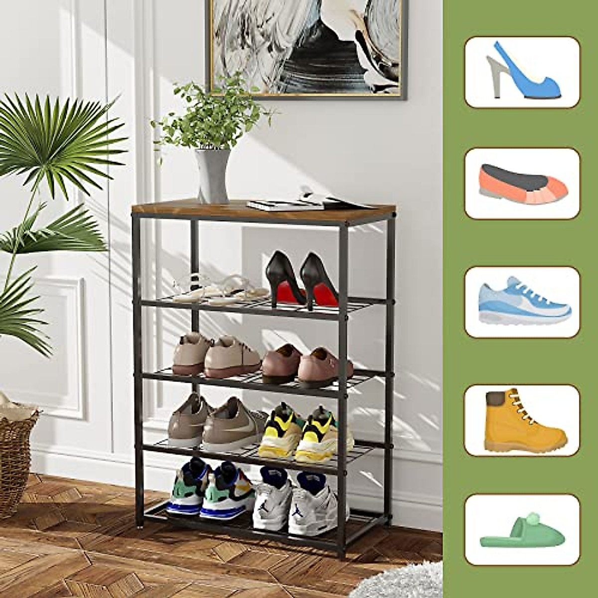 C&AHOME 5 Tier Metal Shoe Rack, 5 Tiers Shoe Rack, Storage Rack with 4 Metal Mesh Shelves and Top Board, Narrow Shoe Organizer for Closet Entryway, Free Standing Shoe Rack, Rustic Brown USRMW05RB