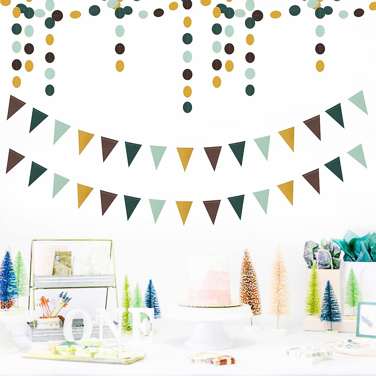 Sage-Green Gold Brown Party Decorations - 2 Pack Paper Pennant Banner Triangle Flags Hanging Backdrop Decor For Gender Neutral Baby Shower,Bridal Shower,Birthday With Boho,Rustic,Forest,Woodland Theme