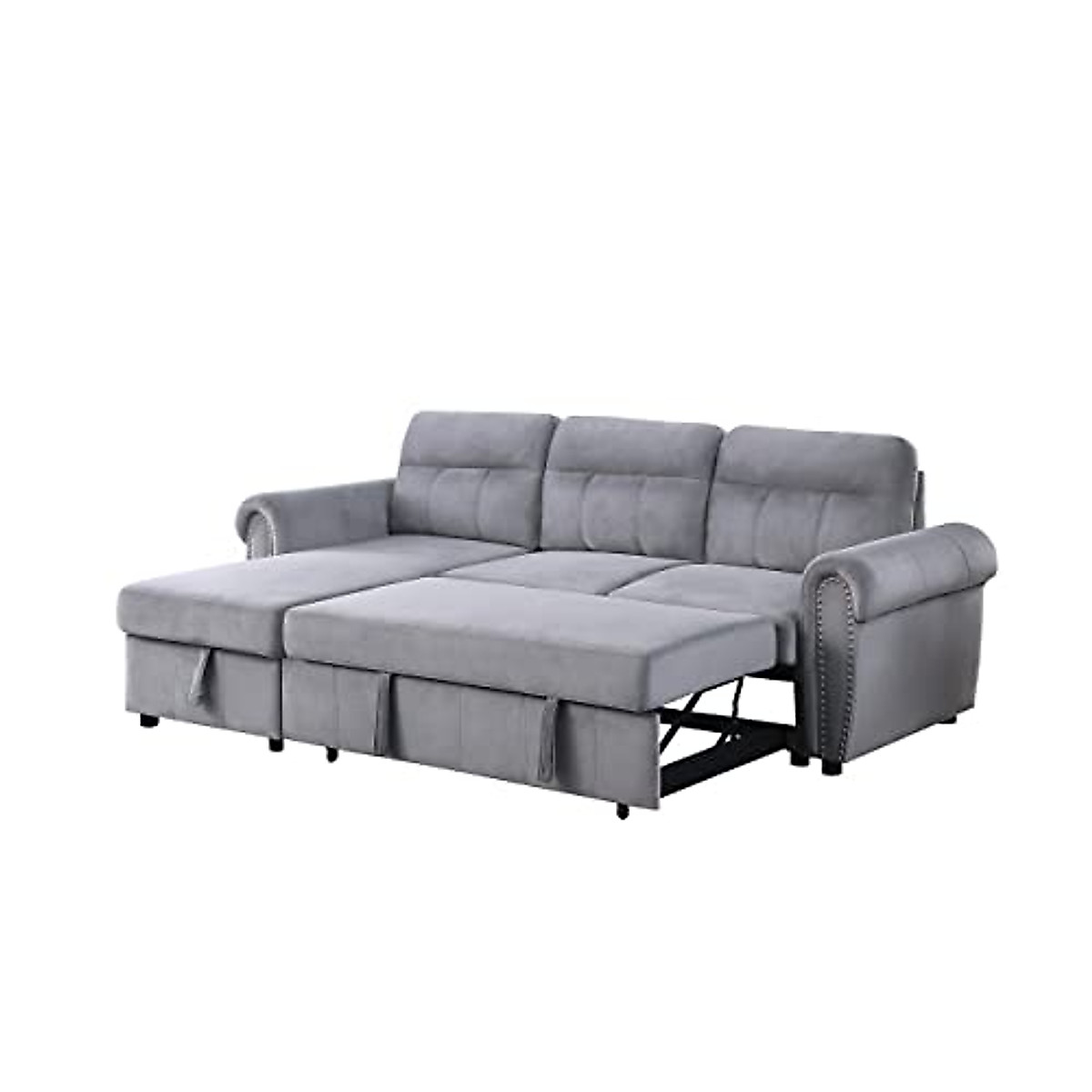 FANYE L-Shaped Oversized Reversible Convertible Tufted Sleeper Sectional Sofa with Pull Out Sleeper Couch Bed,Nailhead Decor Armrests and Storage Chaise for Living Room, Grey Velvet Sofabed
