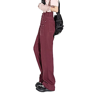 LONGYIDA Women's High Waisted Baggy Jeans Stretchy Wide Leg Straight Jeans Y2K Boyfriend Relaxed Fit Denim Pants Trousers(Red,XL)