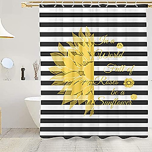 VEGA U Sunflower Quote Fabric Shower Curtain for Bathroom, Black and White Stripe Bath Decor with Hooks, Hotel Quality, 72x72 Inch
