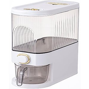 Sooyee 11Lbs Rice Dispenser, Large Grain Container Storage with Lid Measuring Cylinder Moisture Proof Household Cereal Dispenser Bucket for Kitchen Soybean Corn,Clear and White