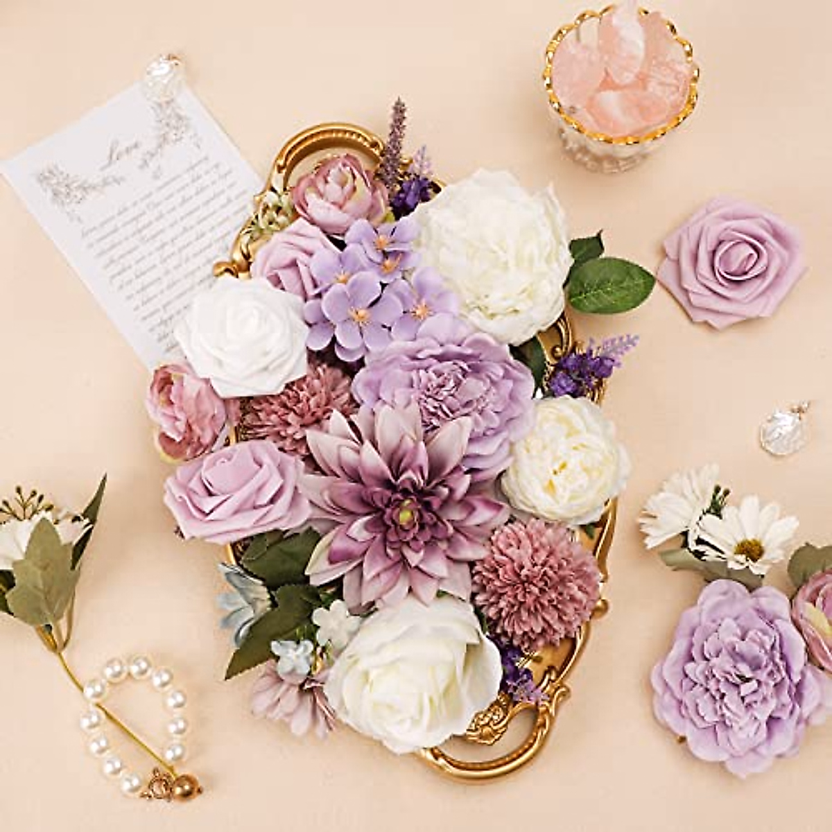 COCOBOO Artificial Purple Flowers Combo for DIY Wedding Bridal Bouquet Fake Silk Flowers Heads for Centerpieces Arrangements (Purple&White)