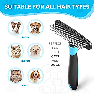 Dog rake deshedding dematting Brush Comb - Undercoat rake for Dogs, Cats, matted, Short,Long Hair Coats - Brush for Shedding, Double Row Stainless Steel pins - Reduce Shedding by 90% (Blue)