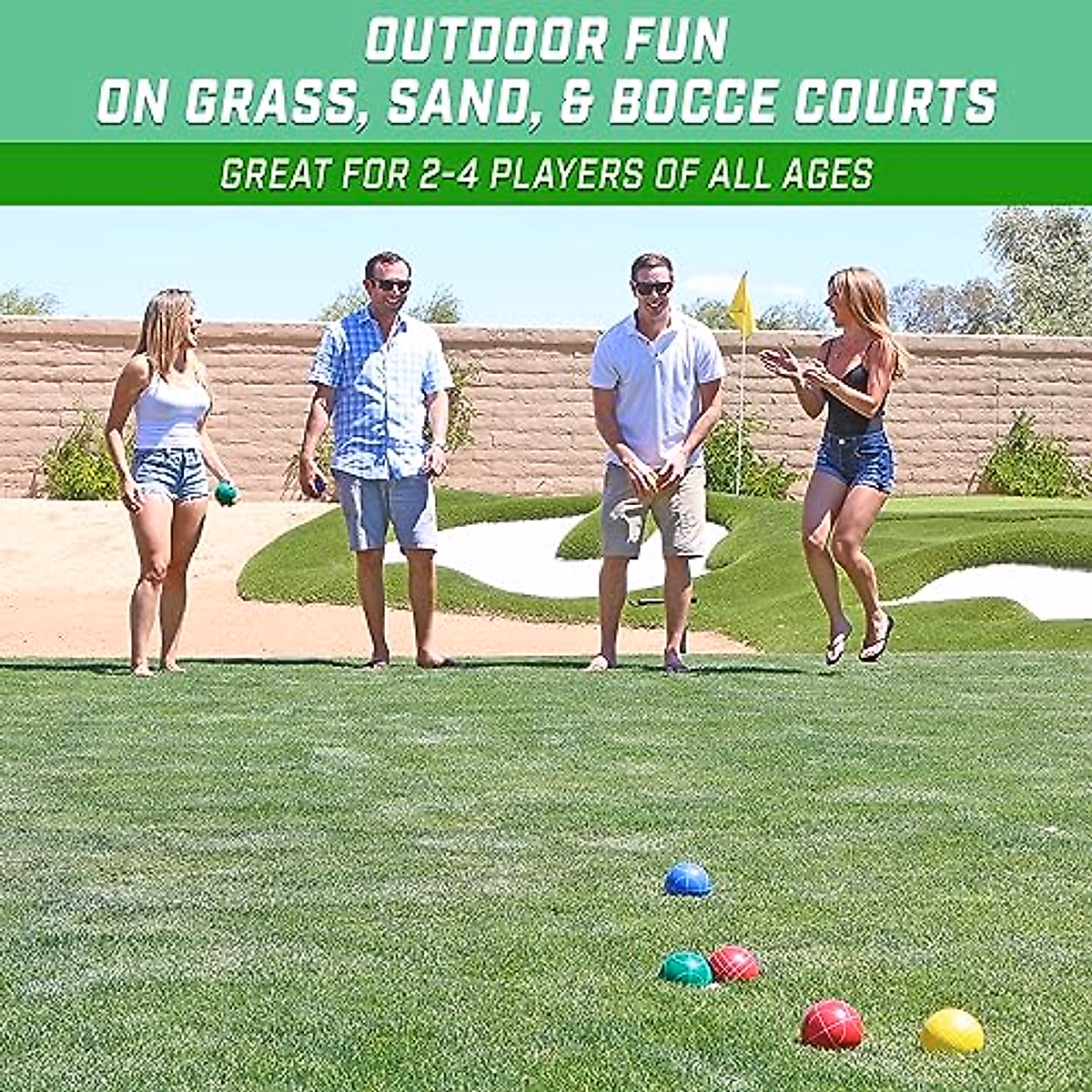 GoSports 90 mm Backyard Bocce Set with 8 Balls, Pallino, Case and Measuring Rope - Made from Premium Resin
