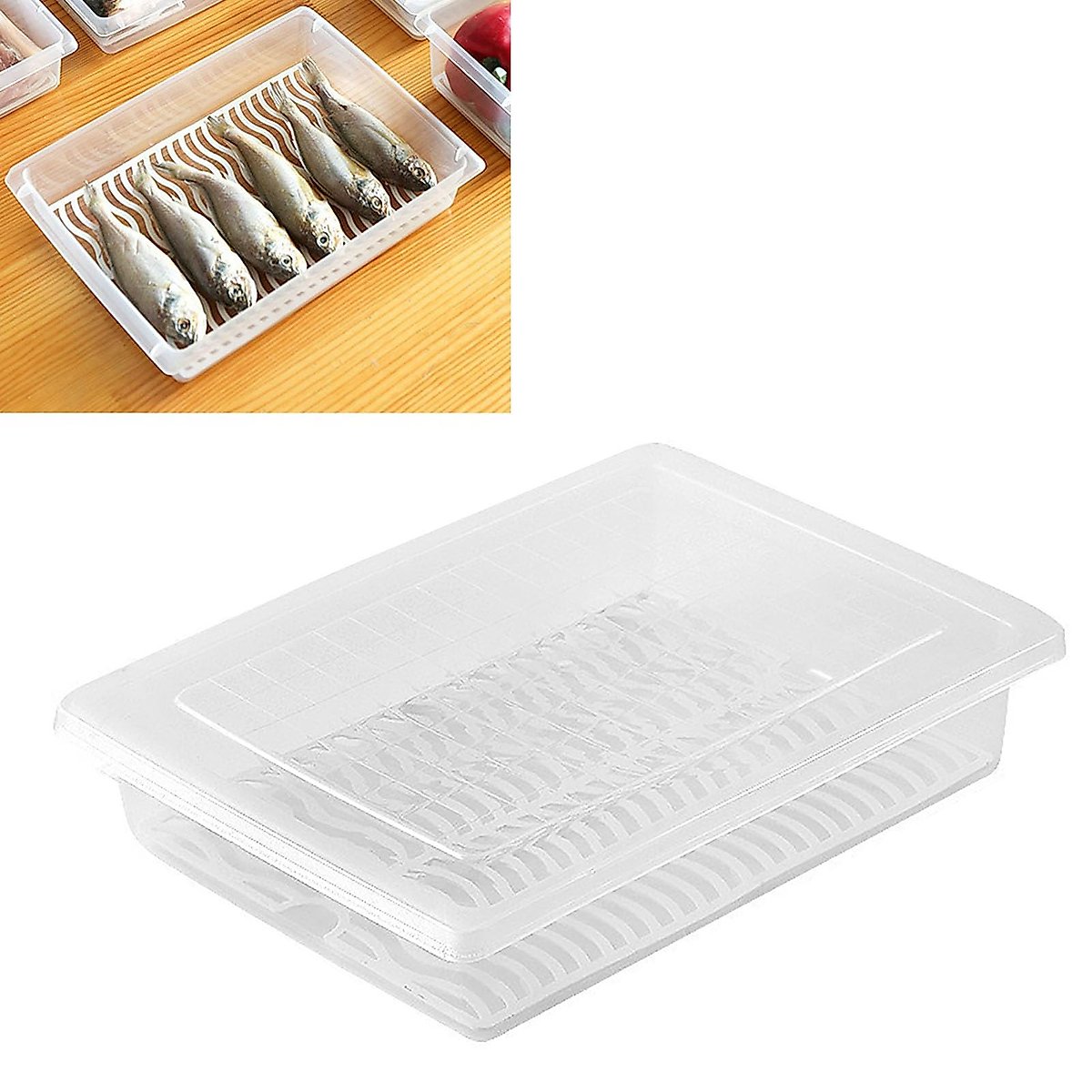 BEIJIALY Plastic Food Containers with Removable Drain Plate and Lid, Fridge Food Box Transparent Rectangular Versatile Food Storage Container Stackable Produce Containers for Home