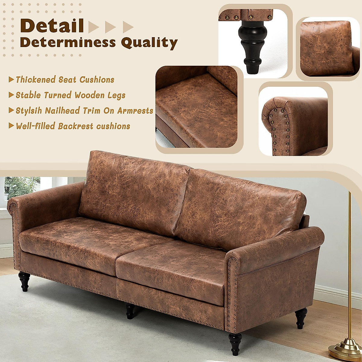 ACMEASE 80” Faux Leather Sofa with Nailhead Trim, Traditional 2 Seater Couch with Rolled Arms, Upholstered Loveseat Sofa for Living Room, Apartment, Studio, Office, Brown