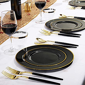 WELLIFE 120 PCS Black Plastic Plates with Gold Rim, Gold Disposable Cutlery with Black Handle, Black Plastic Dinnerware, Includes 24 Dinner Plates, 24 Dessert Plates, 96 Black Gold Cutlery