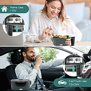 IXIIE Electric Lunch Box 80W Food Warmer for Work, 12V/24V/110V Portable Lunch Warmer for Adults with 2-Pack Stainless Steel Containers, Heated Lunch Box for Car/Truck/Office/Outdoors (Grey+Black)
