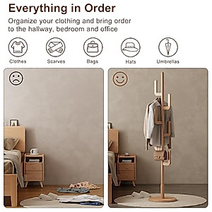 KungFuWood Coat Rack, Solid Wood Cactus Coat Rack Stand, Freestanding Coat Rack with 6 L-shaped Hooks and 3 Adjustable Sizes, Sturdy and Easy to Assemble Coat Tree for Entryway, Bedroom (Natural)