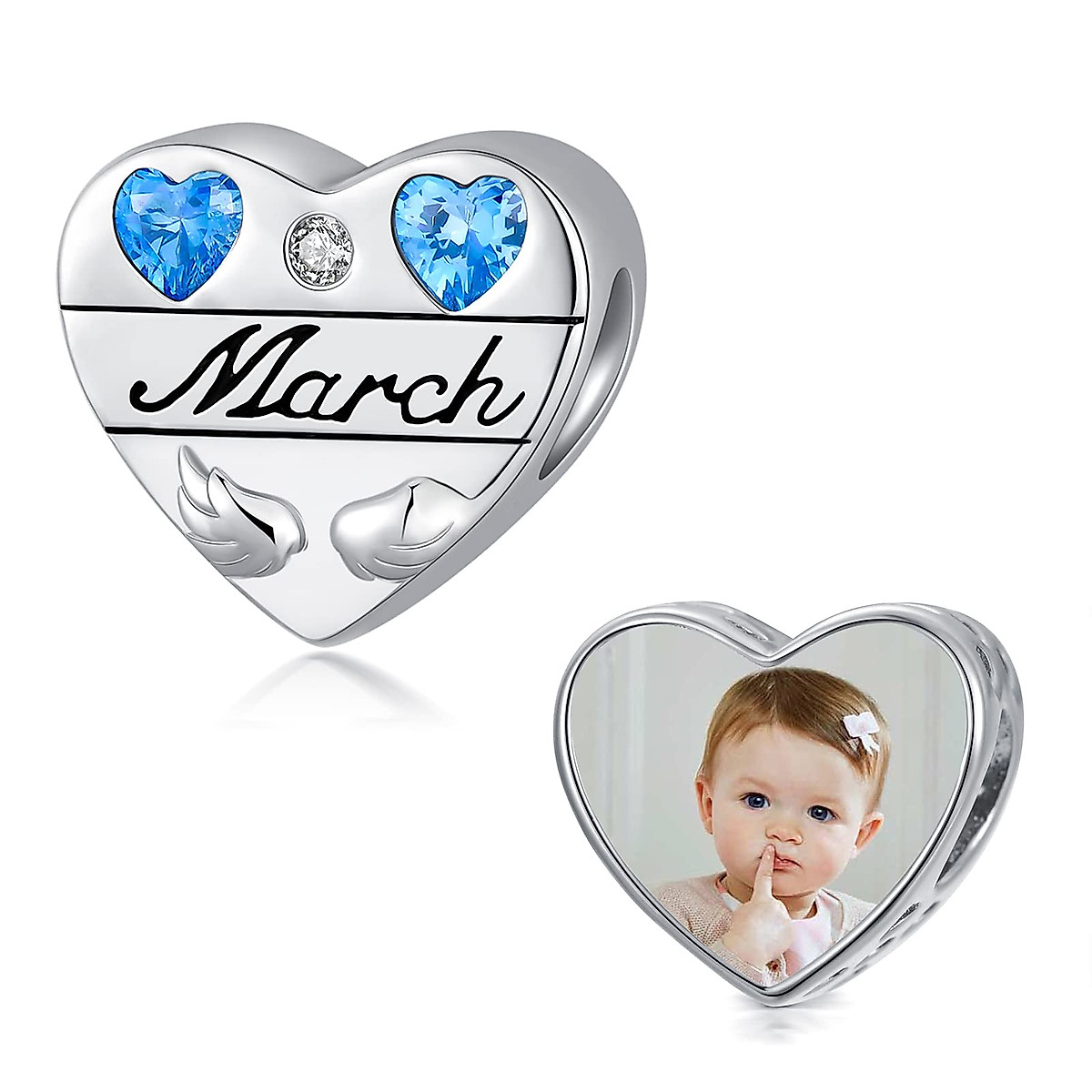 LONAGO Personalized Birthstone Heart Photo Charm 925 Sterling Silver Customized Image Picture Bead Simulated Gemstone Fit Snake Bracelet Happy Birthday Gifts for Women (3)