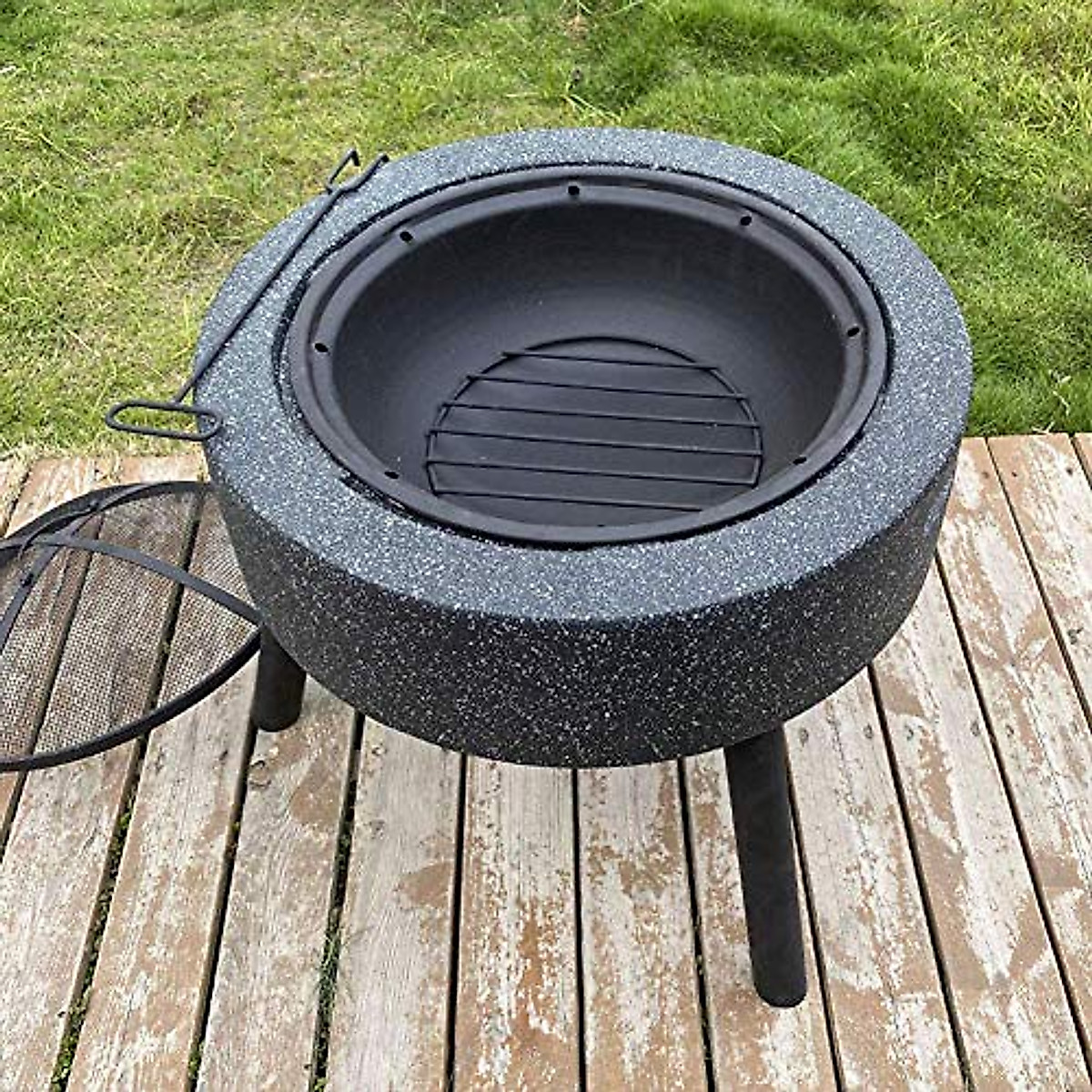 Fire Pit with Grill Shelf, Geo Fire Pit Bowl with Triangle Bracket Magnesium Oxide Material Outdoor Garden Fire Pit with Mesh Cover for Outdoor, Garden, Barbecue, Camping (Grey)