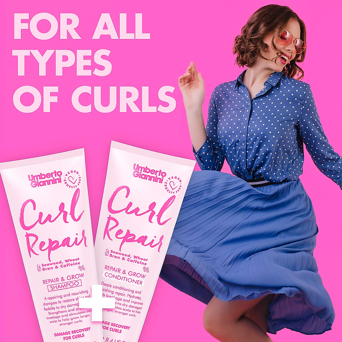 Umberto Giannini Curl Repair Shampoo + Conditioner Set, Vegan & Cruelty Free Repair & Growth Formula with Seaweed, Wheat Bran & Caffeine, 250 ml