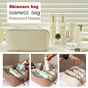 WOPLQA Large Capacity Travel Cosmetic Bag,Leather Multifunctional Storage, with Handle and Divider Travel Cosmetic Bags for Women,Opens Flat for Easy Access,Waterproof Portable Makeup Bag (pink)