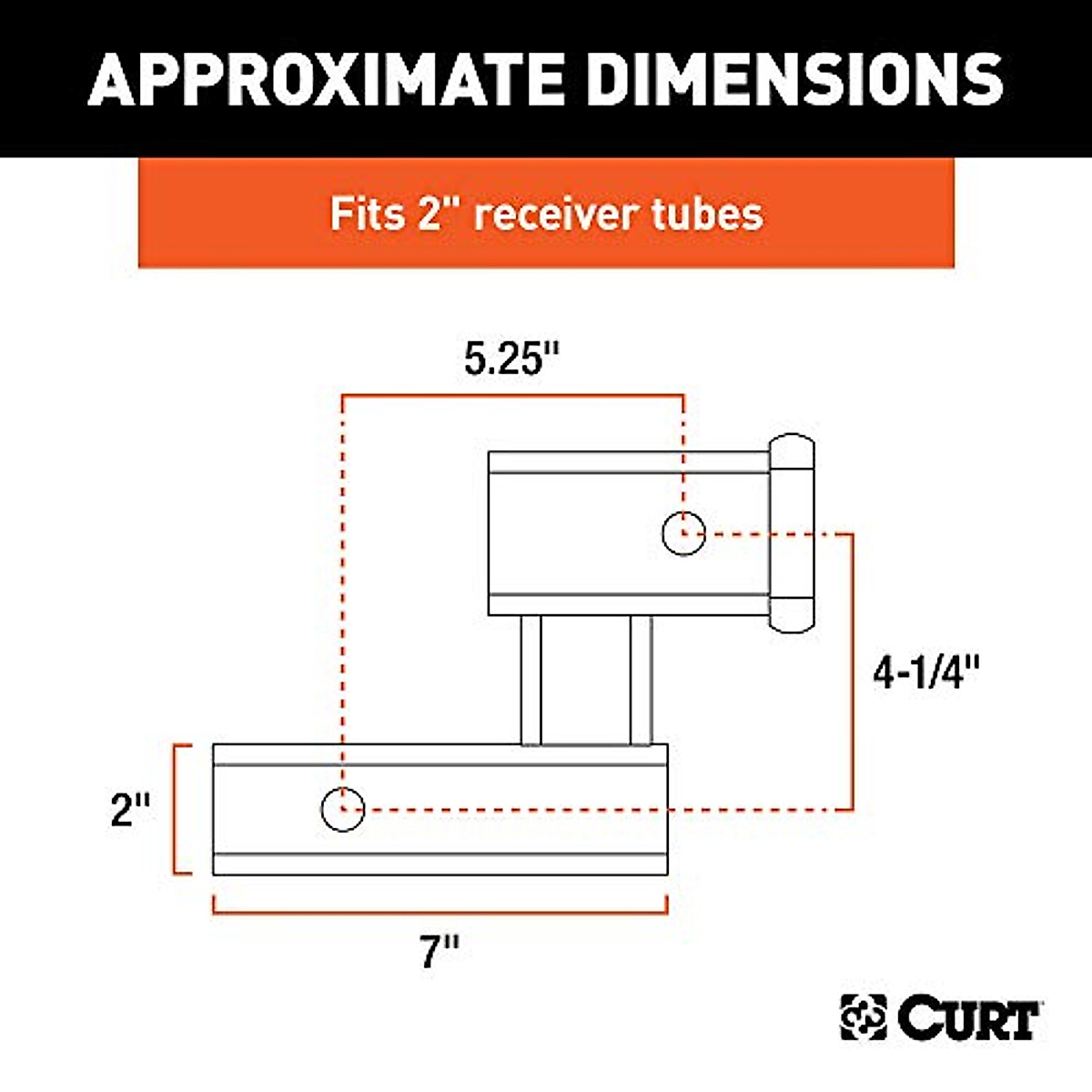 CURT 45794 Raised Trailer Hitch Extender, Fits 2-Inch Receiver, Extends 5-1/4", 4-1/4-In Rise, Gloss Black Powder Coat