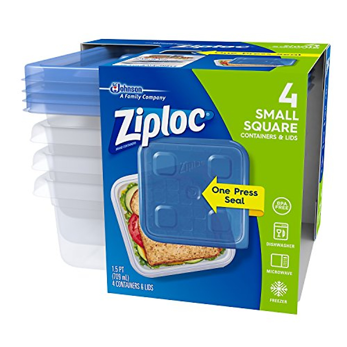 Ziploc Food Storage Meal Prep Containers with One Press Seal, for Travel and Organization, Dishwasher Safe, Small Square, 4 Count