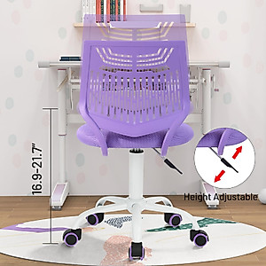 Kids Desk Chair, Armless Home Office Task Chair with Mesh Padded Cushion, Swivel Study Computer Chair with Rolling Wheels for Children Student, Purple